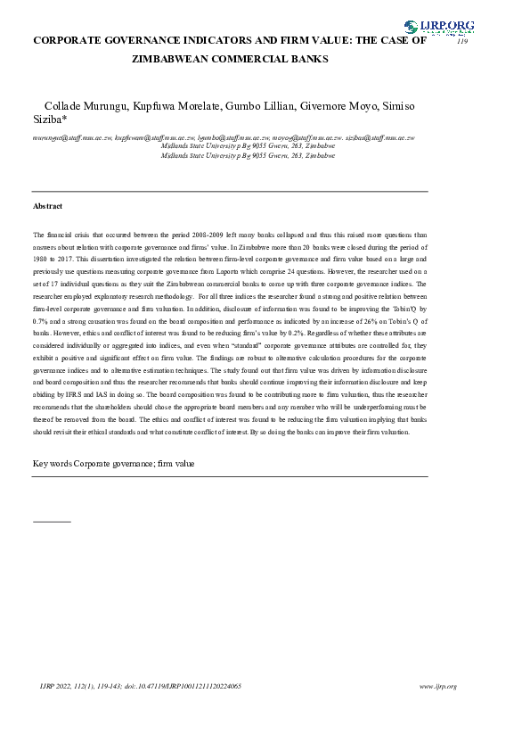 (PDF) Corporate Governance Indicators and Firm Value: The Case of Zimbabwean Commercial Banks