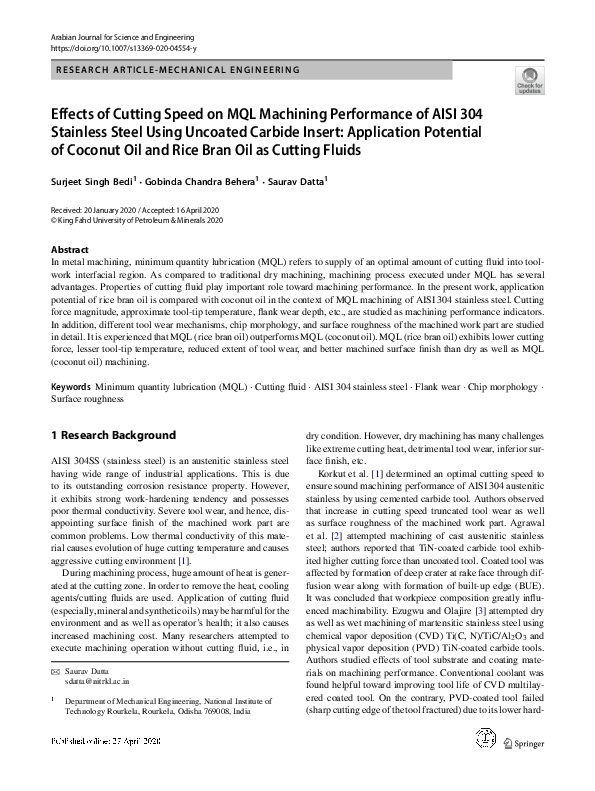 (PDF) Effects of Cutting Speed on MQL Machining Performance of AISI 304 Stainless Steel Using ...