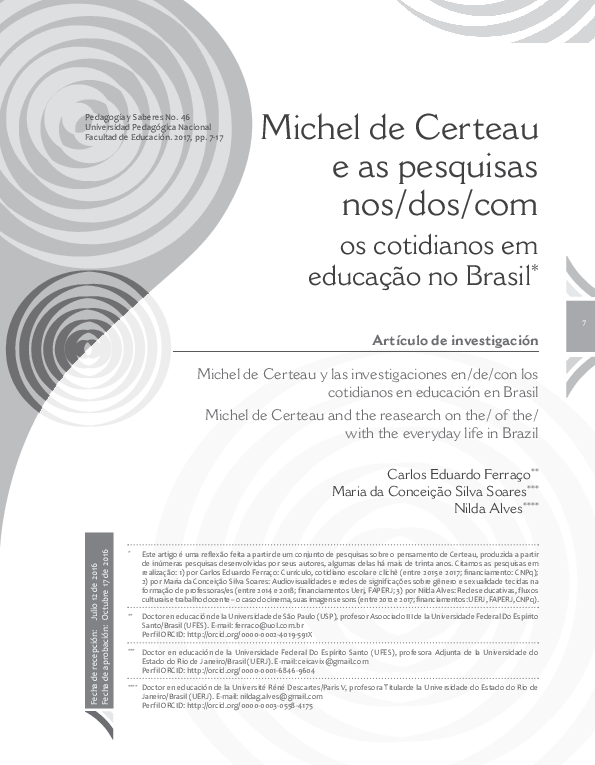 (PDF) Michel de Certeau y las investigaciones en/de/con los cotidianos ...