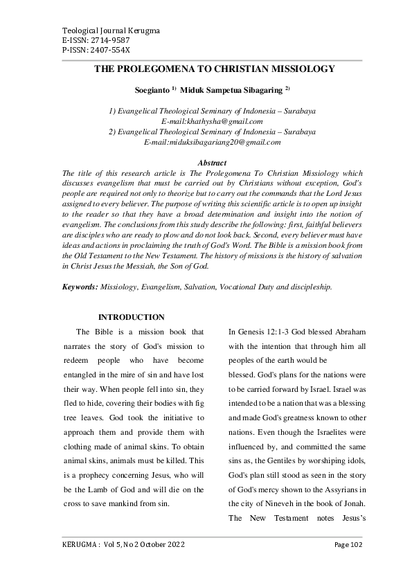 (PDF) The Prolegomena To Christian Missiology