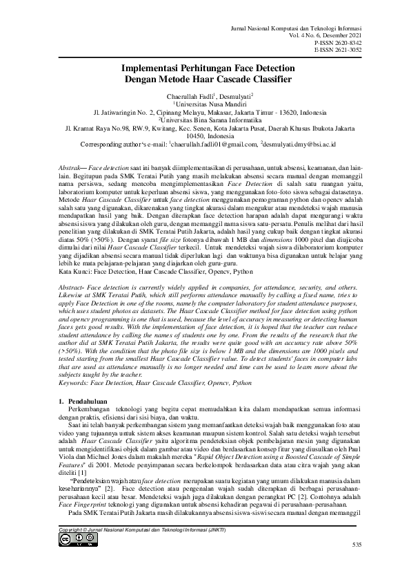 (PDF) Implementasi Perhitungan Face Detection Dengan Metode Haar Cascade Classifier | des ...