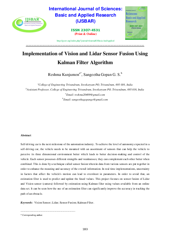 (PDF) Implementation of Vision and Lidar Sensor Fusion Using Kalman ...