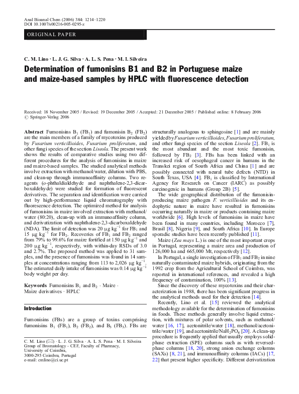 (PDF) Determination of fumonisins B1 and B2 in Portuguese maize and ...