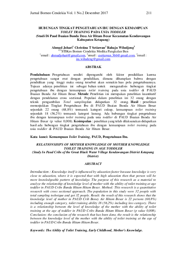 (PDF) HUBUNGAN TINGKAT PENGETAHUAN IBU DENGAN KEMAMPUAN TOILET TRAINING ...