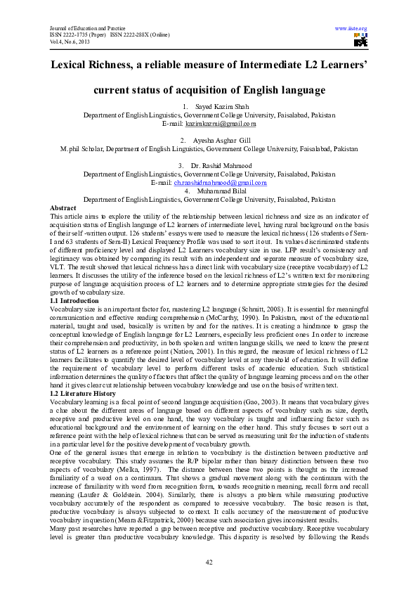 (PDF) Lexical Richness, a reliable measure of Intermediate L2 Learners ...