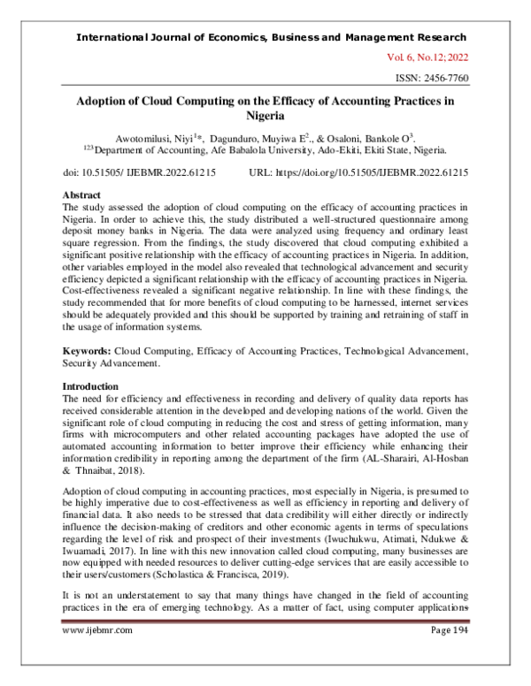 (PDF) Adoption of Cloud Computing on the Efficacy of Accounting ...