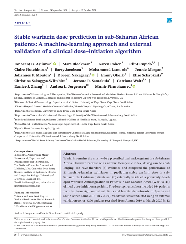 (PDF) Stable warfarin dose prediction in sub‐Saharan African patients: A machine‐learning ...