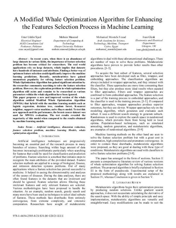 Pdf A Modified Whale Optimization Algorithm For Enhancing The