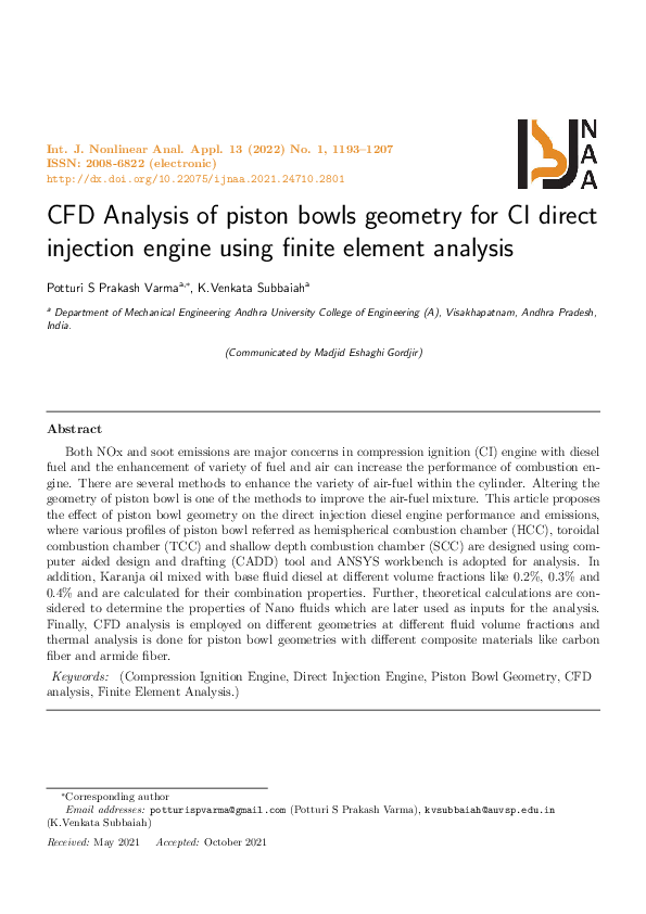 (PDF) CFD Analysis of piston bowls geometry for CI direct injection engine using finite element ...