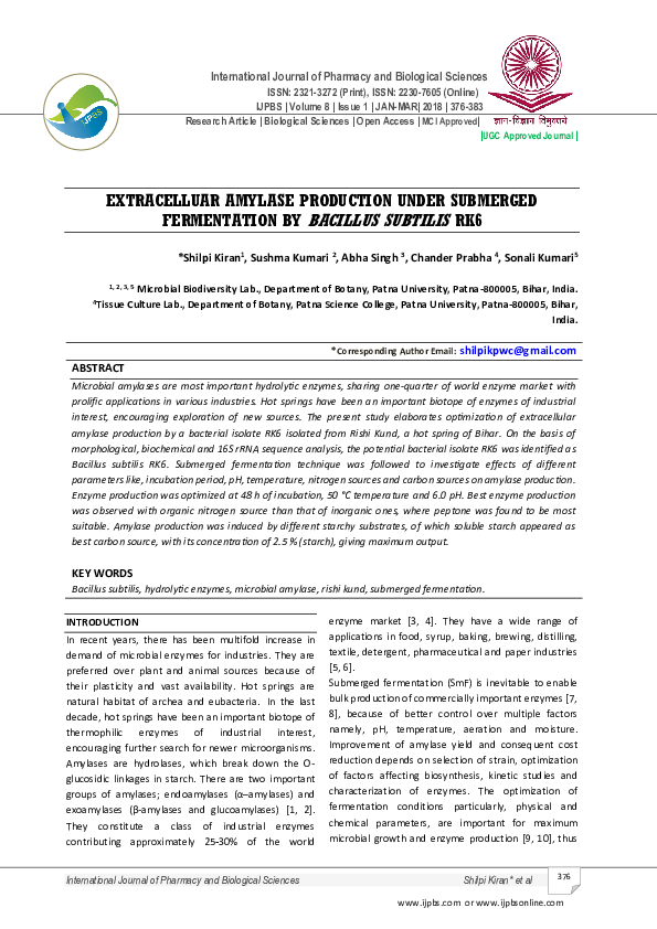 Pdf Extracelluar Amylase Production Under Submerged Fermentation By Bacillus Subtilis Rk 6