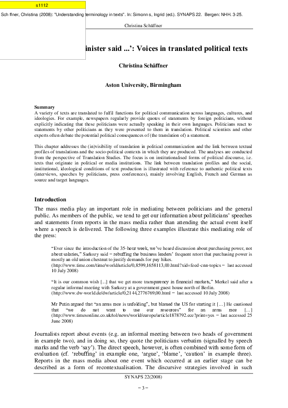 (PDF) The Prime Minister said...': Voices in translated political texts