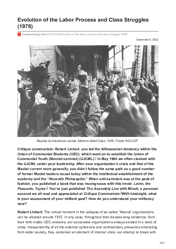 (PDF) Evolution of the Labor Process and Class Struggles (1978)