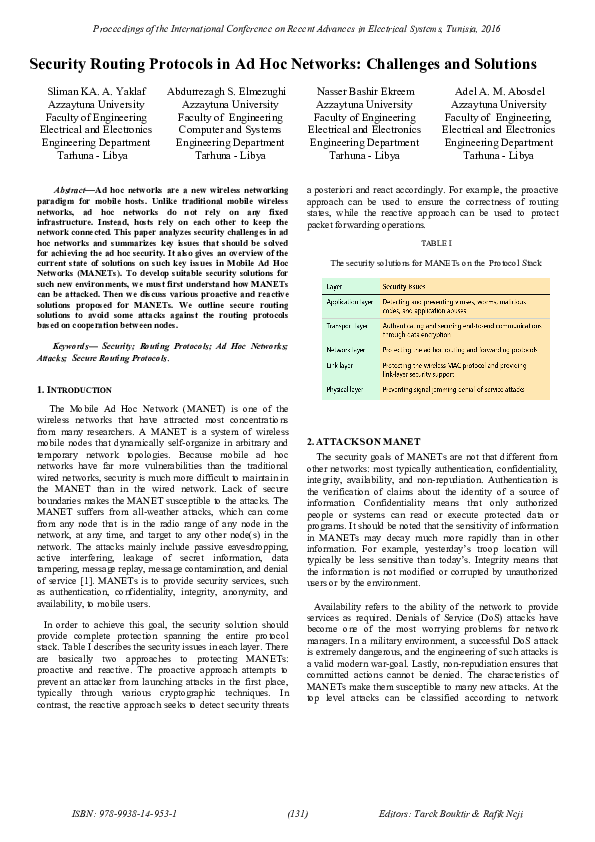 (PDF) Security Routing Protocols in Ad Hoc Networks : Challenges and Solutions