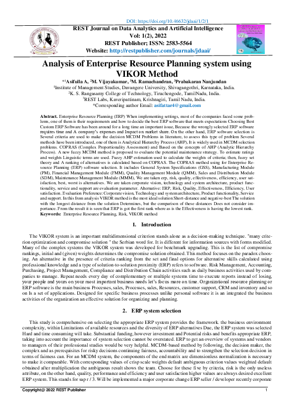 (PDF) Analysis of Enterprise Resource Planning system using VIKOR Method