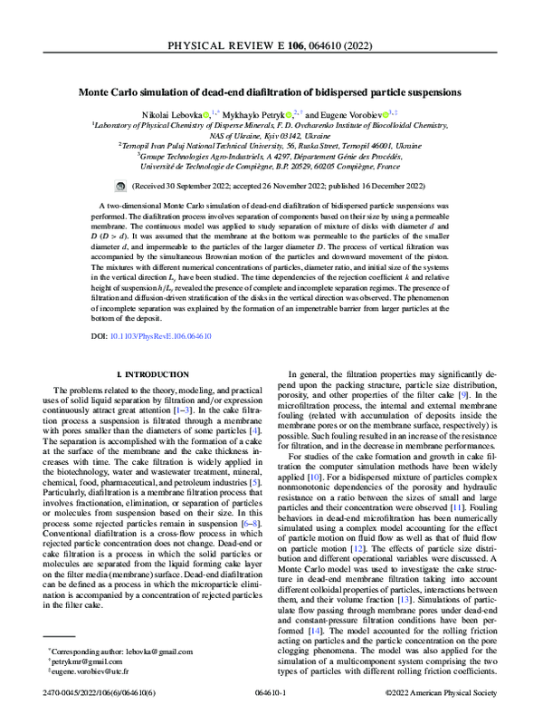 Pdf Monte Carlo Simulation Of Dead End Diafiltration Of Bidispersed Particle Suspensions 