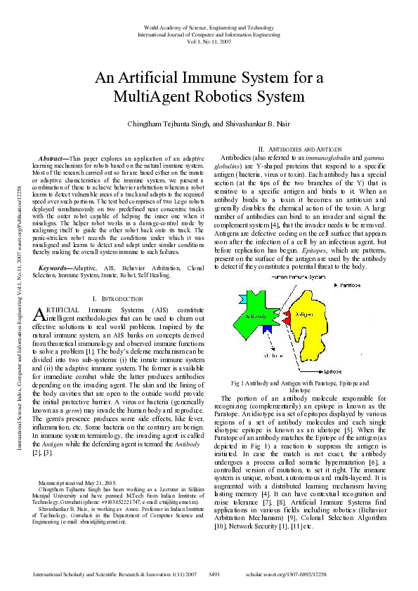 (PDF) An Artificial Immune System For A Multi Agent Robotics System