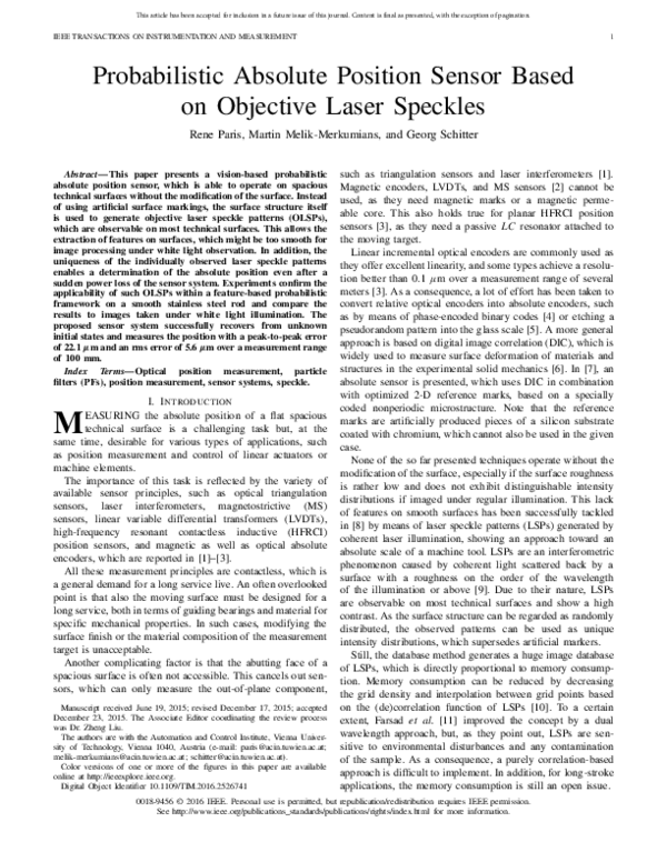 Probabilistic Absolute Position Sensor Based on Objective Laser Speckles