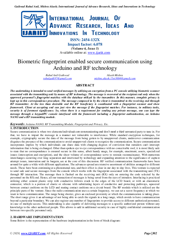 (PDF) Biometric fingerprint enabled secure communication using Arduino and RF technology