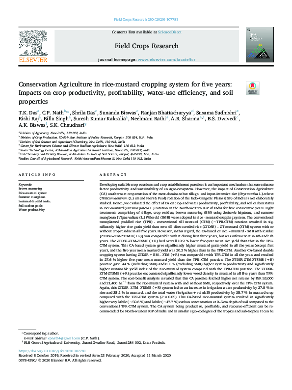 (PDF) Conservation Agriculture in rice-mustard cropping system for five ...