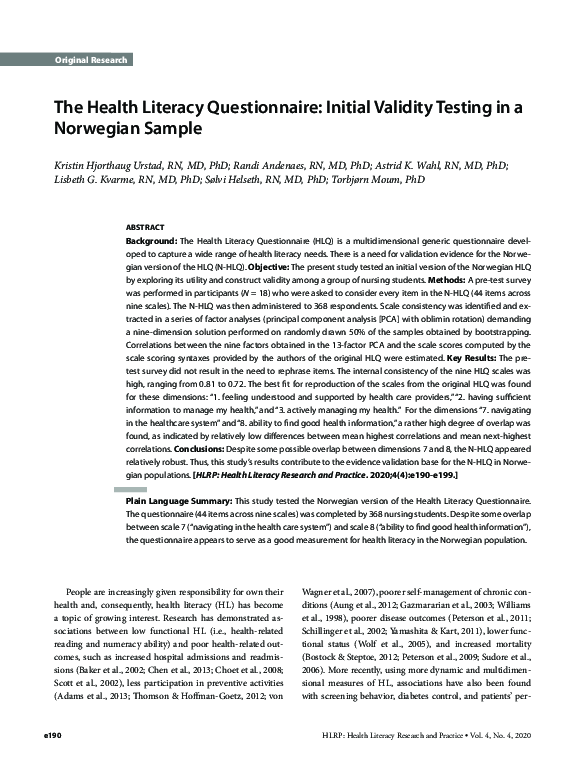 (PDF) The Health Literacy Questionnaire: Initial Validity Testing in a ...