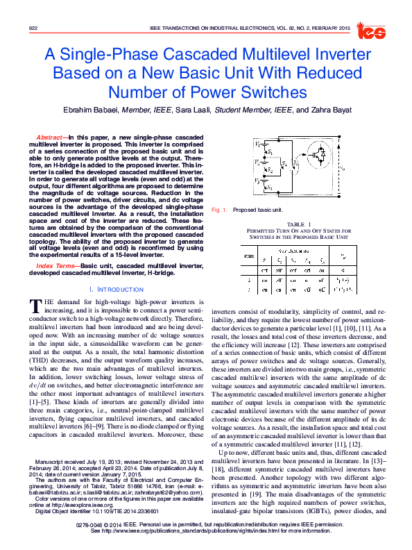 (PDF) New Cascaded Multilevel Inverter With Reduced Power Electronic Components | mehran sabahi ...
