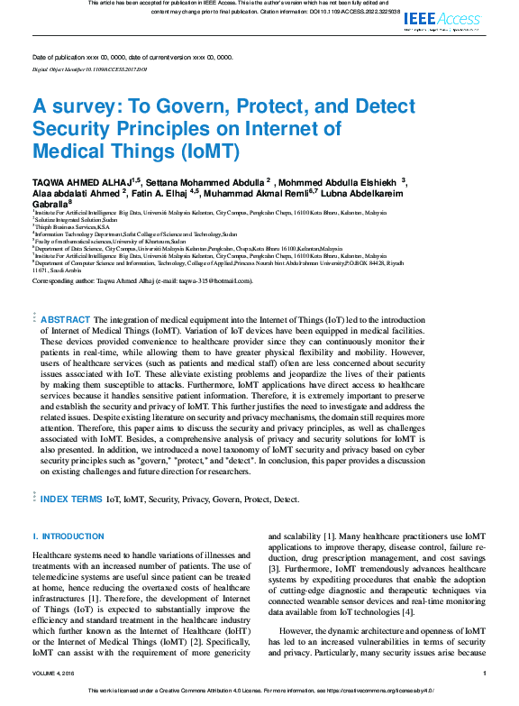 (PDF) A survey: To Govern, Protect, and Detect Security Principles on Internet of Medical Things ...