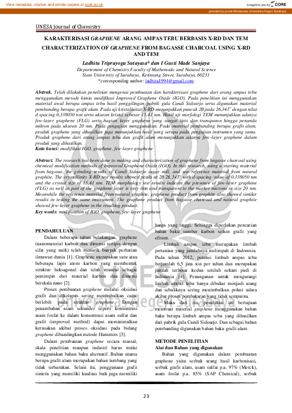 (PDF) Karakterisasi Graphene Arang Ampas Tebu Berbasis X-RD Dan Tem