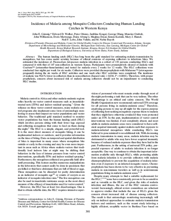(PDF) Incidence of Malaria among Mosquito Collectors Conducting Human ...