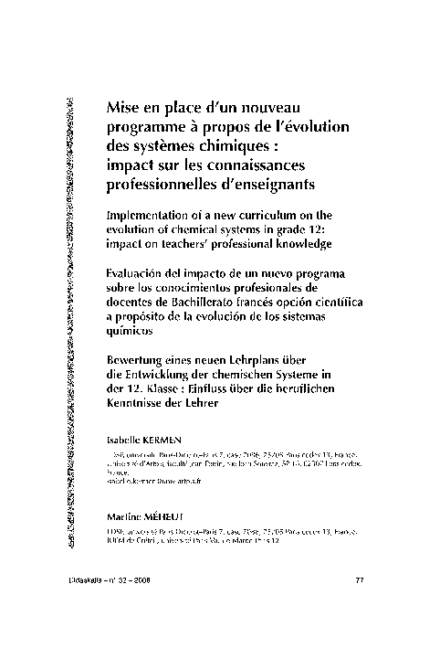 (PDF) Mise en place d'un nouveau programme à propos de l'évolution des systèmes chimiques ...
