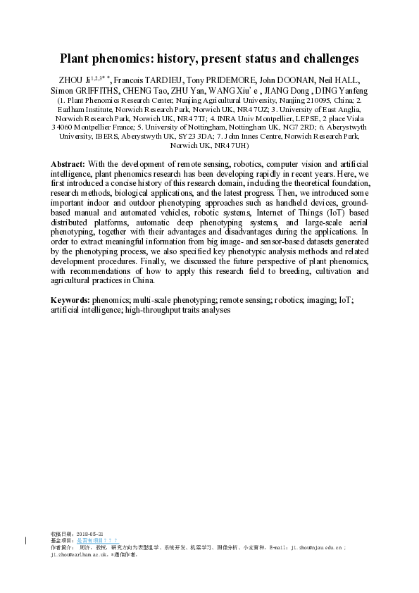 (PDF) Plant phenomics:: history, present status and challenges | Ji ...