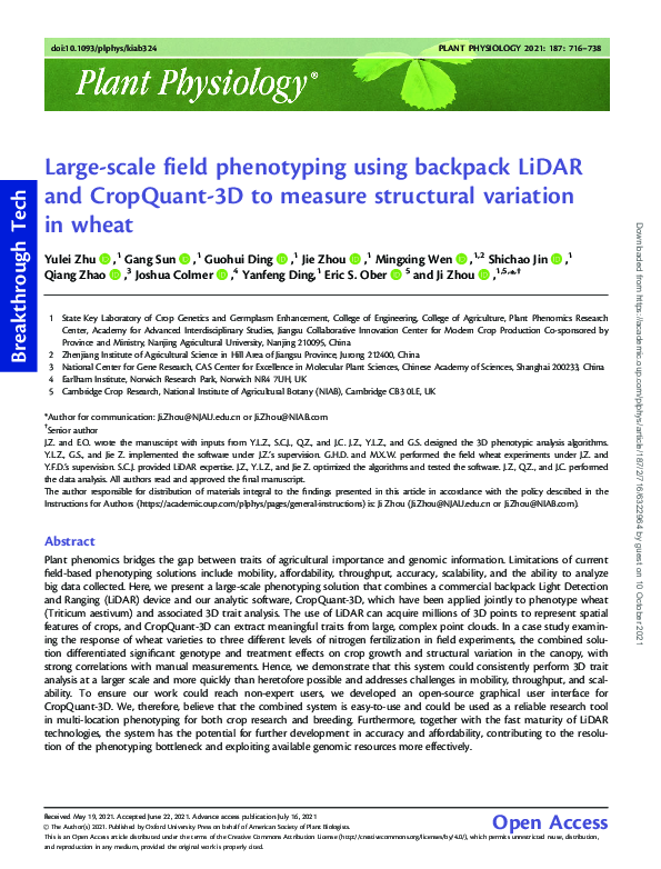 (PDF) Large-scale field phenotyping using backpack LiDAR and CropQuant-3D to measure structural ...