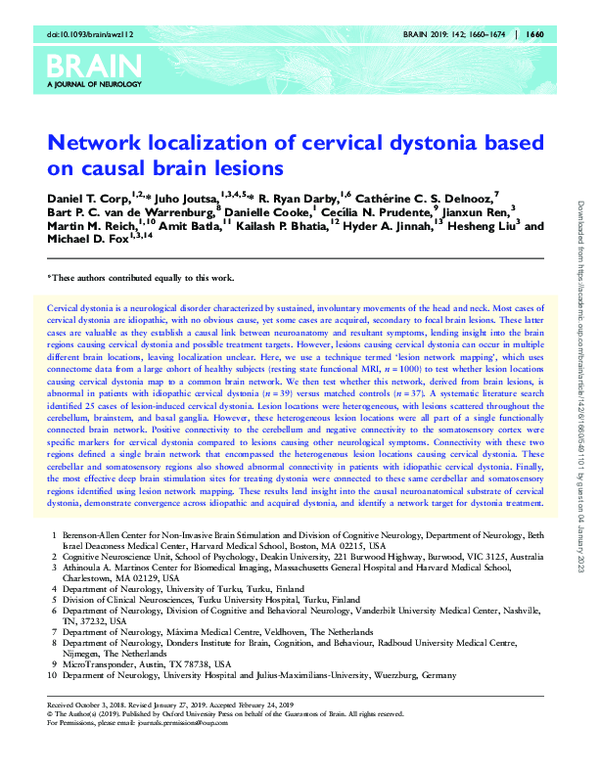 Pdf Network Localization Of Cervical Dystonia Based On Causal Brain