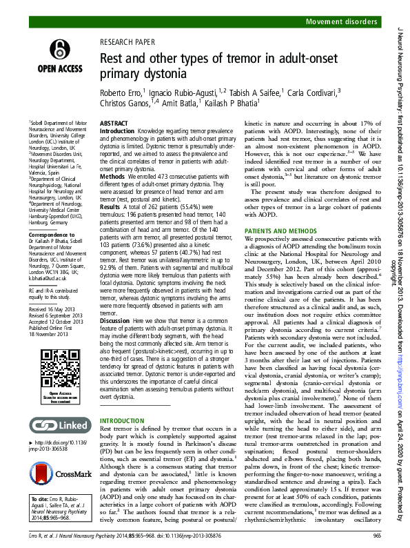 (PDF) Rest and other types of tremor in adult-onset primary dystonia