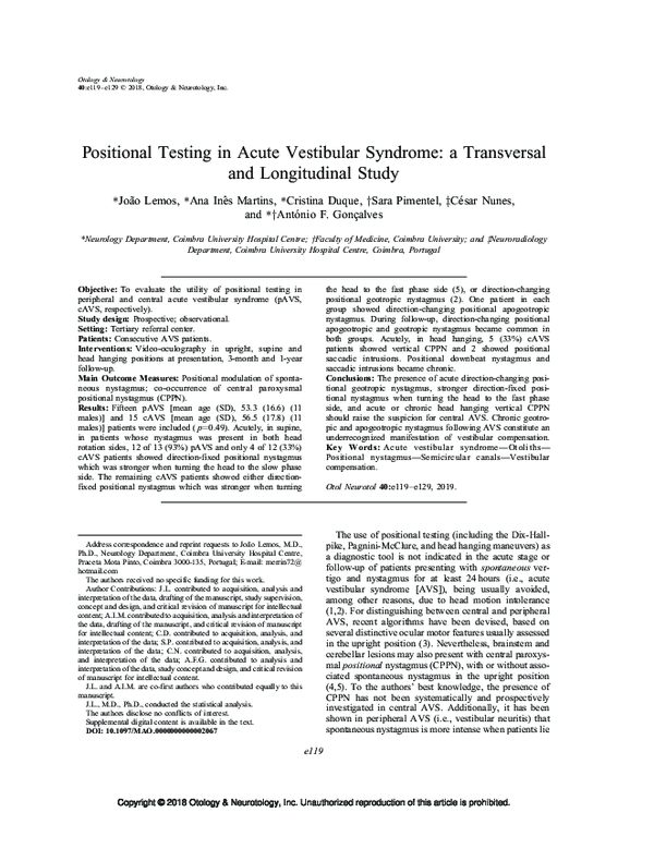 (PDF) Positional Testing in Acute Vestibular Syndrome: a Transversal ...