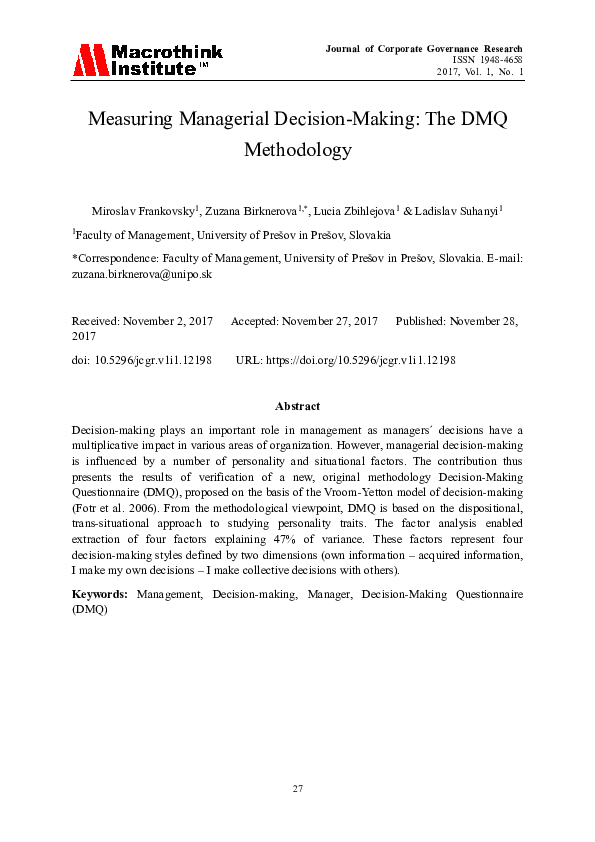 (PDF) Measuring Managerial Decision-Making: The DMQ Methodology