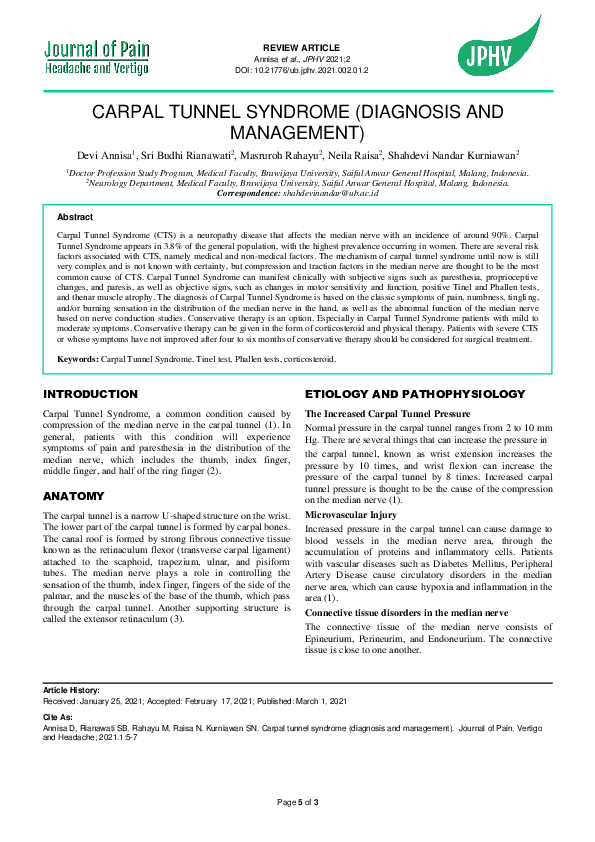 (PDF) Carpal Tunnel Syndrome (Diagnosis and Management)
