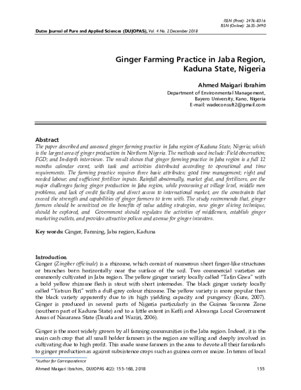 (PDF) Ginger Farming Practice in Jaba Region, Kaduna State, Nigeria