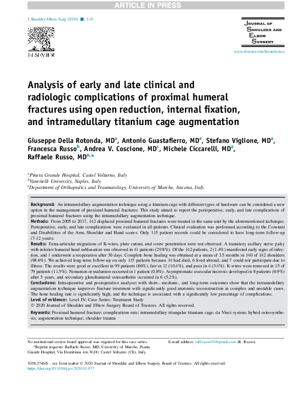 (PDF) Analysis of early and late clinical and radiologic complications of proximal humeral ...