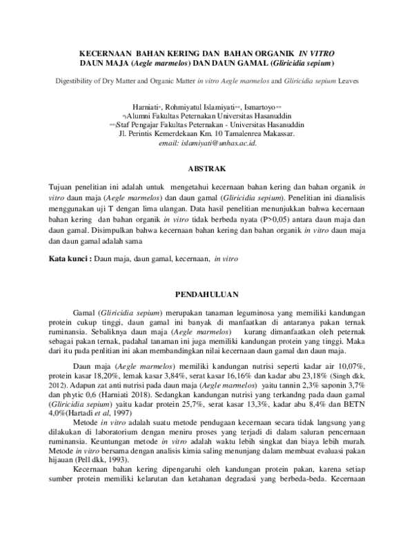(PDF) KECERNAAN BAHAN KERING DAN BAHAN ORGANIK IN VITRO DAUN MAJA (Aegle marmelos) DAN DAUN ...