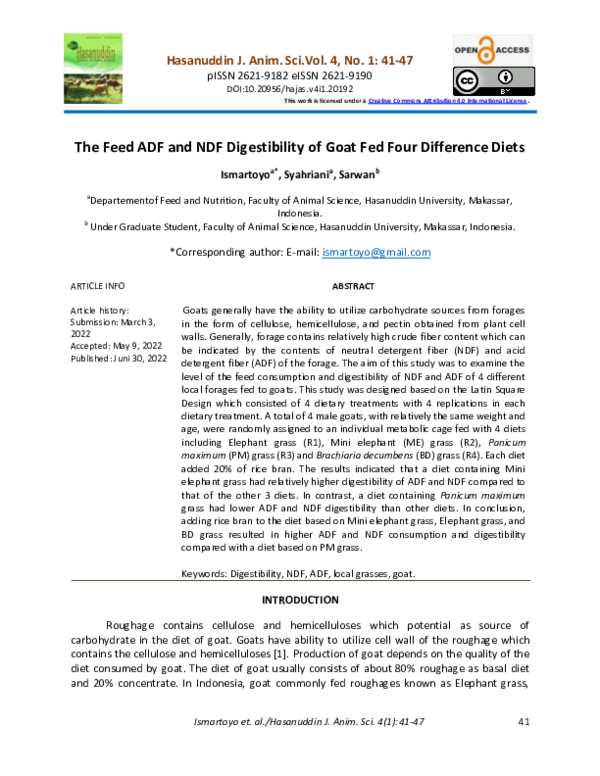 (PDF) The Feed ADF and NDF Digestibilityof Goat Fed Four Difference Diets