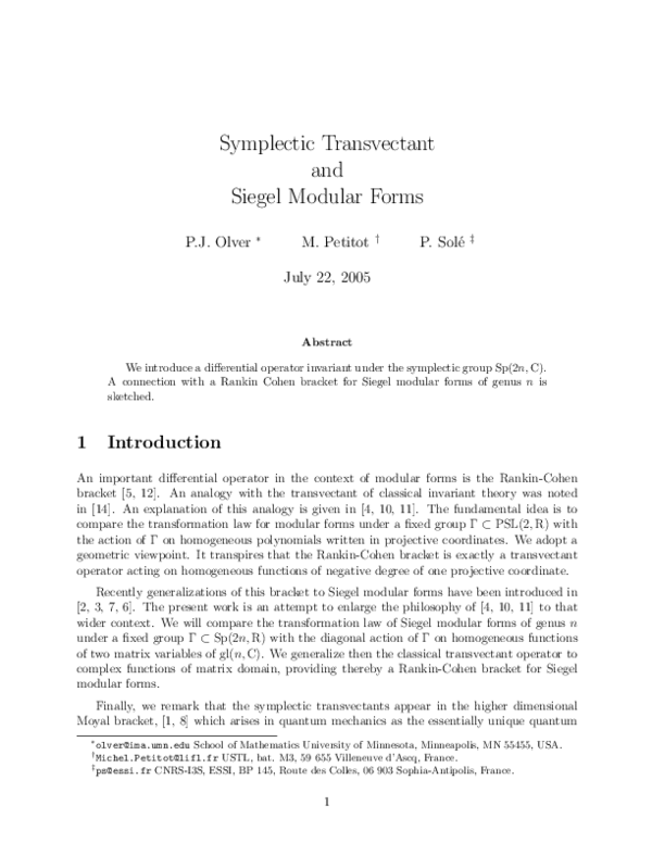 (PDF) Symplectic Transvectant and Siegel Modular Forms