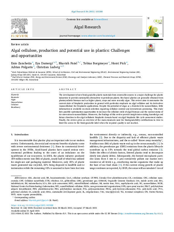 (PDF) Algal cellulose, production and potential use in plastics ...