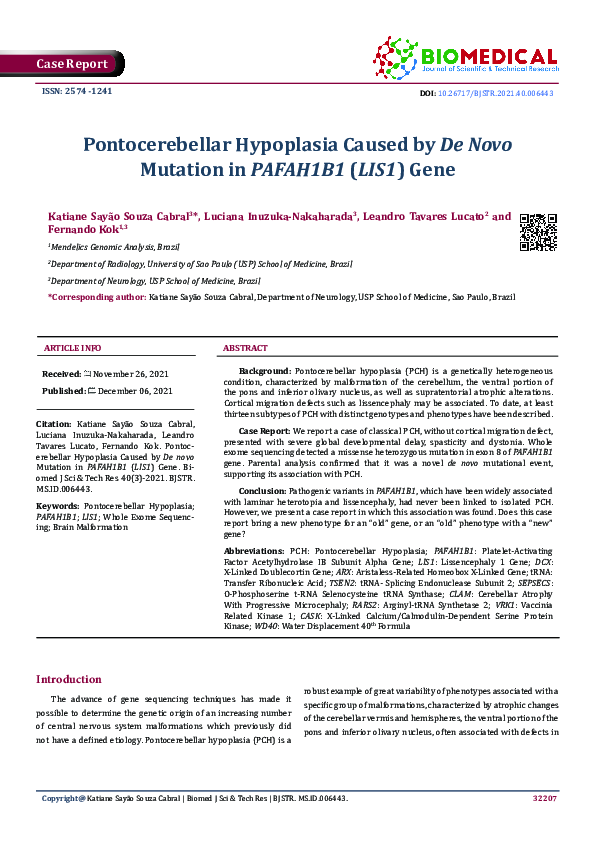 (PDF) Pontocerebellar Hypoplasia Caused by De Novo Mutation in PAFAH1B1 (LIS1) Gene