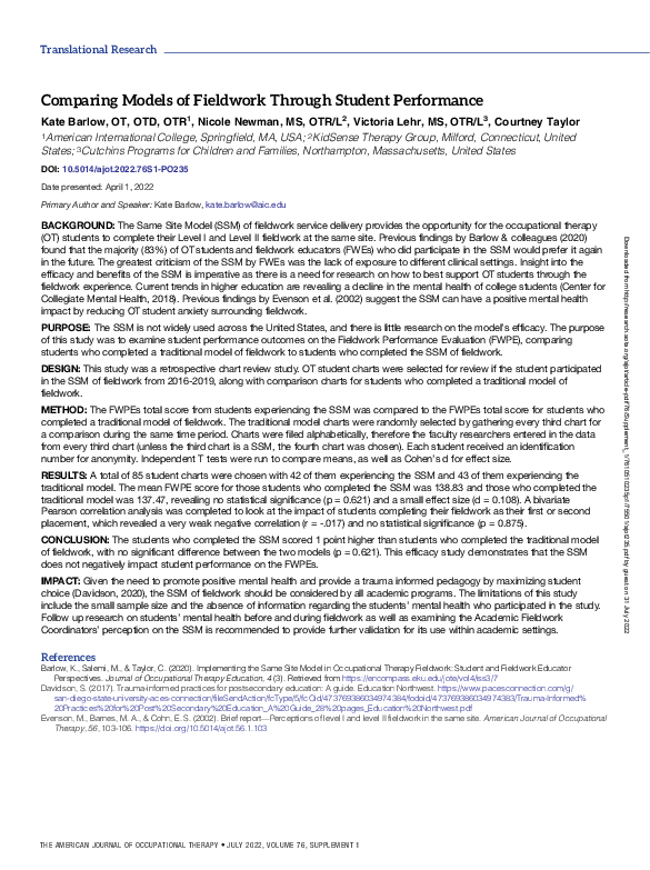 (PDF) Comparing Models of Fieldwork Through Student Performance