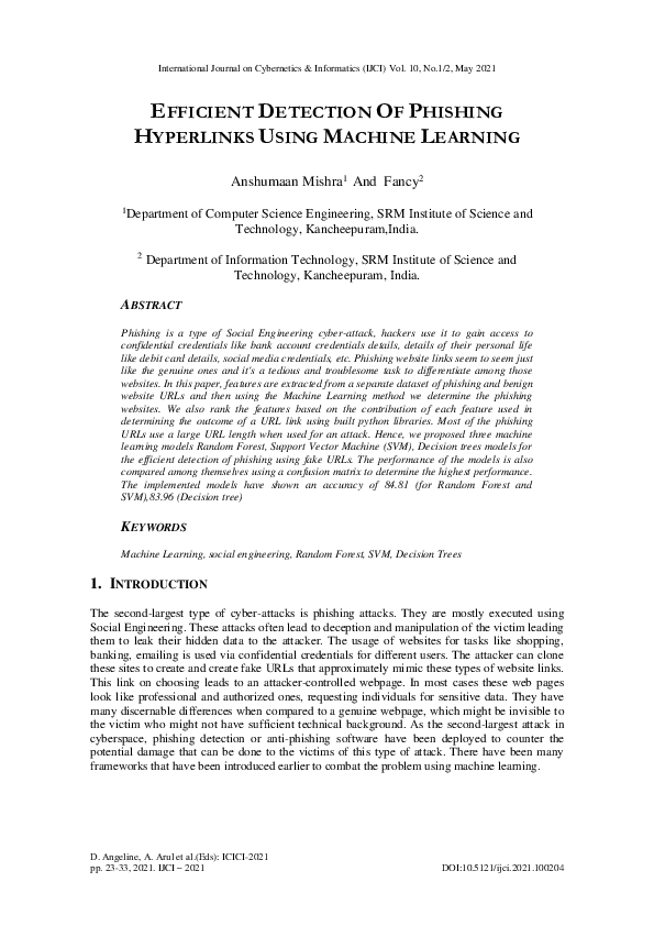 Pdf Efficient Detection Of Phising Hyperlinks Using Machine Learning