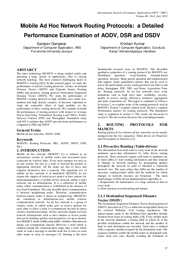 (PDF) Performance Analysis of AODV, DSR, DSDV in MANETs