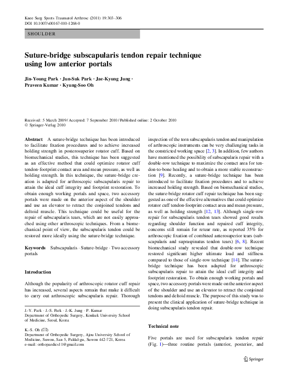 (PDF) Suture-bridge subscapularis tendon repair technique using low ...
