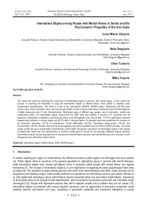 (PDF) Internalized Stigma among People with Mental Illness in Serbia ...