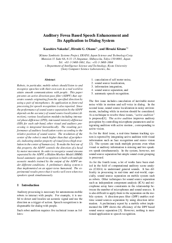 (PDF) Auditory fovea based speech enhancement and its application to human-robot dialog system ...