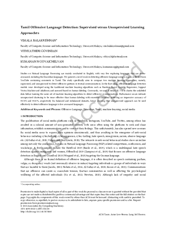 (PDF) Tamil Offensive Language Detection: Supervised versus Unsupervised Learning Approaches